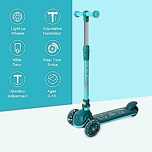 Kick Scooter for Kids, Wheel with Brake, Adjustable Height Handlebar, Foldable, Lightweight, Aged 3-10, Wide Standing Board, and up to 110LBS, Green