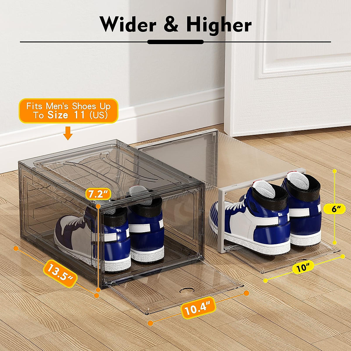 ARSTPEOE Upgrade Harder Solid Plastic Shoe Organizer, Shoe Storage with Magnetic Front Door, Shoe Rack 6 Pack Shoe Boxes Clear, Sneaker Storage, Shoe Organizer for Closet, Shoe Display Case, Black