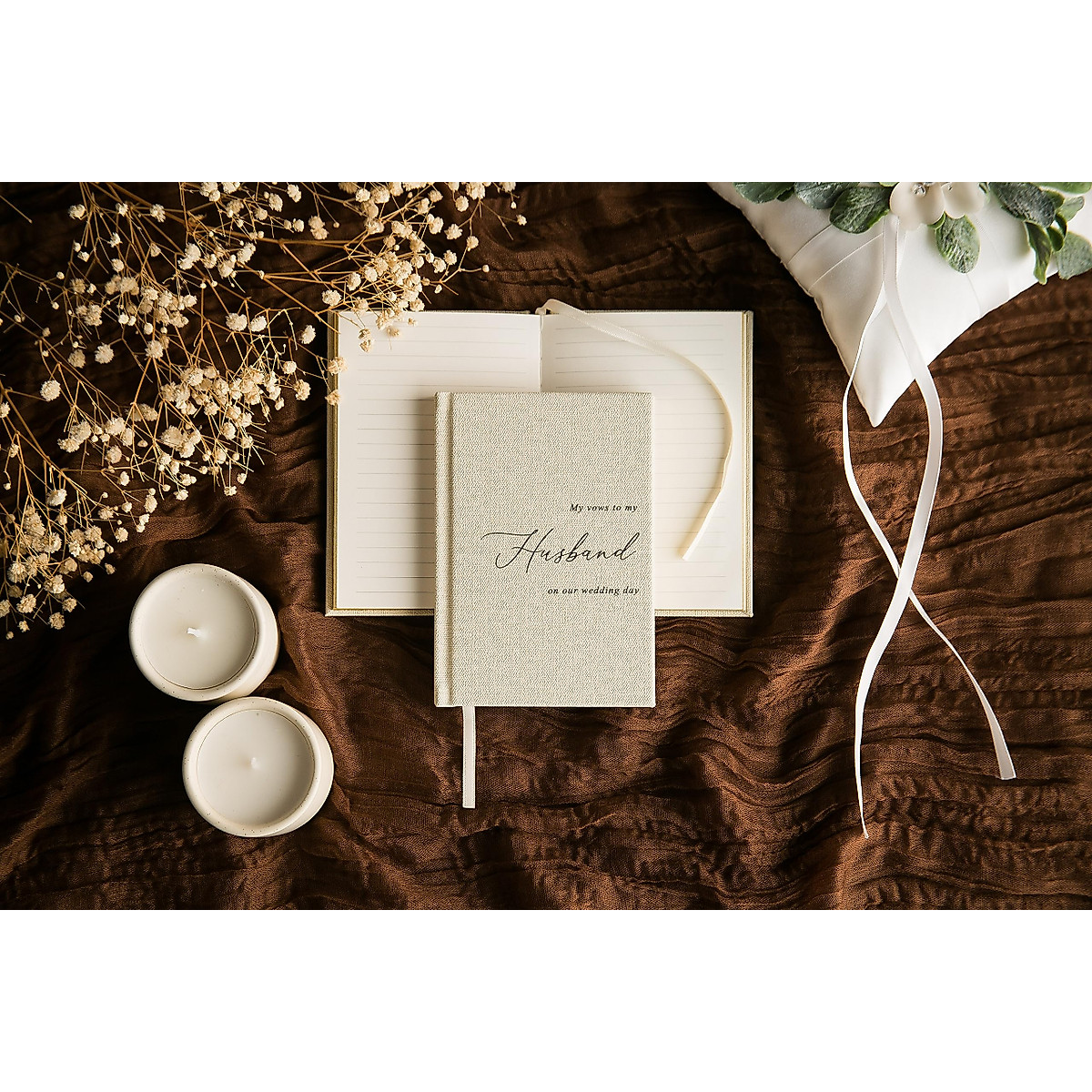 MUUJEE Hard Cover Vow Books (Set of 2) - Cream Canvas Linen Foil Embossed Wedding Ceremony Vow Renewal Speech Books, Couple Gifts for Engagement (To My Husband/Wife)