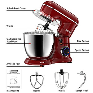 AILESSOM 3-IN-1 Electric Stand Mixer, 660W 10-Speed With Pulse Button, Attachments include 6.5QT Bowl, Dough Hook, Beater, Whisk for Most Home Cooks, Empire Red
