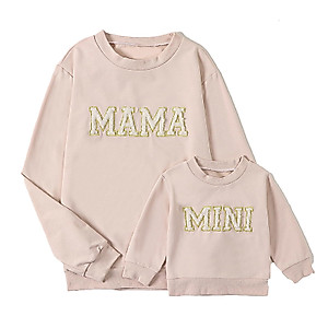 Winioder Mommy and Me Matching Outfits Letter Print Crewneck Pullover Sweatshirt Long Sleeve Shirt Tops Baby Clothes (Baby,Matching Beige,0-6 Months)