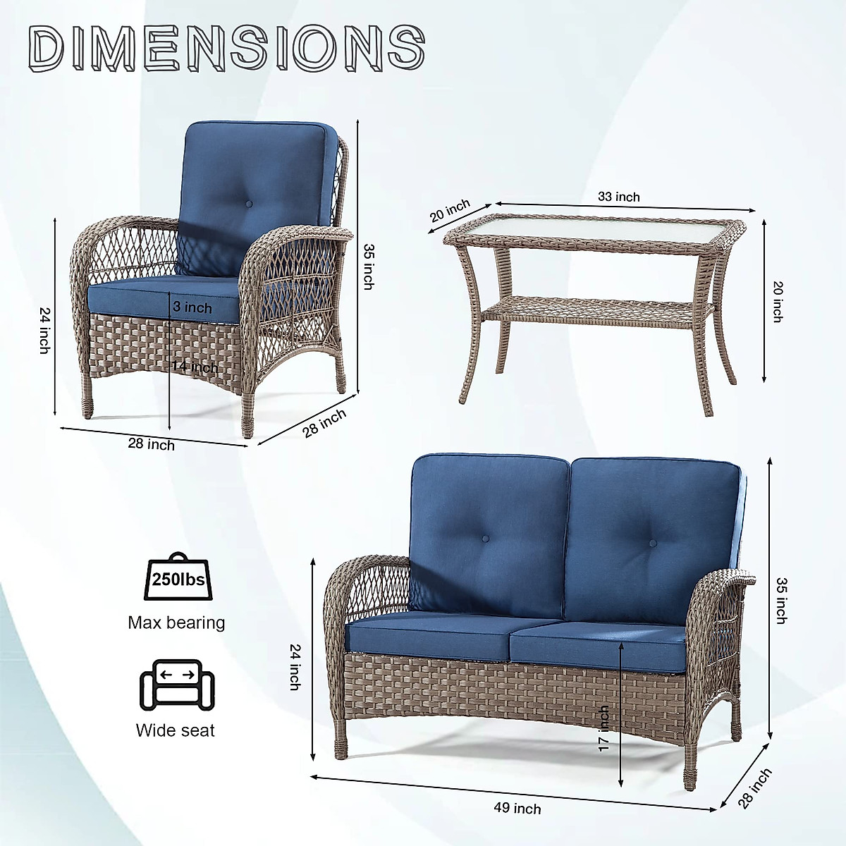 Gardenbee Rattan Patio Furniture Set 4-Piece Wicker Outdoor Furniture Conversational Set with 1 Three-Seat Sofa, 2 Chairs, 1 Coffee Table - Outdoor Wicker Furniture Set with Cushions(Brown/Blue)