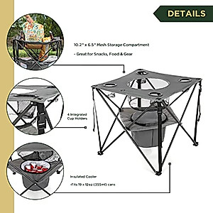ARROWHEAD OUTDOOR 33.5” Portable Folding Tailgate Table, 4 Cup Holders, Food Basket, Insulated Cooler, No Sag Surface, Square, Carrying Case, Steel Frame, High-Grade 600D Canvas, USA-Based Support