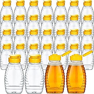 32 Pcs 8.8 oz Clear Plastic Honey Jar Empty Honey Bottles with Caps Refillable Honey Containers Leakproof Honey Squeeze Bottle Honey Bottle Container Holder with Flip Lid for Storing Dispensing Yellow