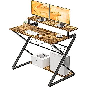 NOBLEWELL Computer Desk for Small Space, Small Gaming Desk with Monitor Stand, 37.5 inches Corner Computer Desk with Storage Shelf for Gaming Studying Writing Office, Vintage Brown