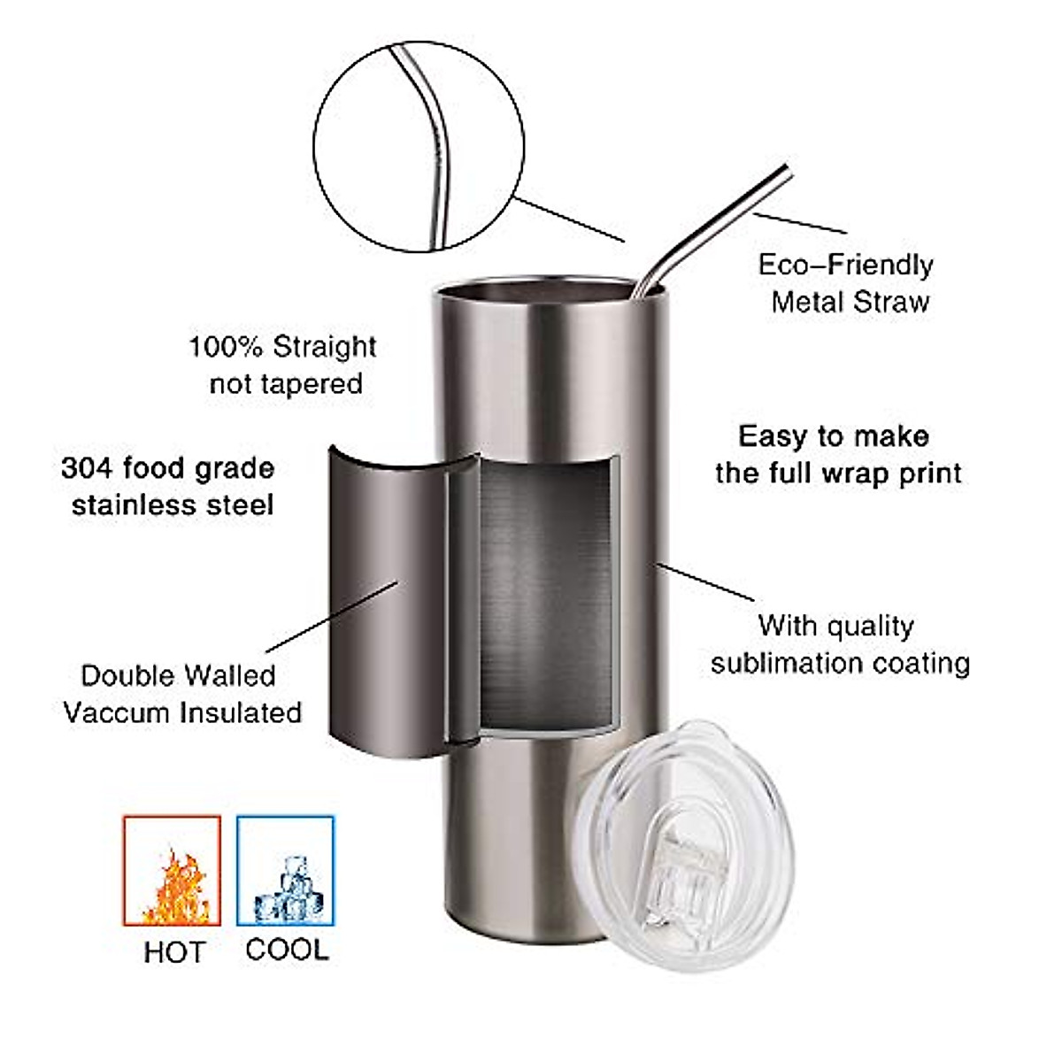 PYD Life Sublimation Blanks Skinny Tumbler Cups Silver 20 OZ Stainless Steel Straight Tumbler with Metal Straw for Tumbler Heat Press Sublimation Oven Printing 4 Pack