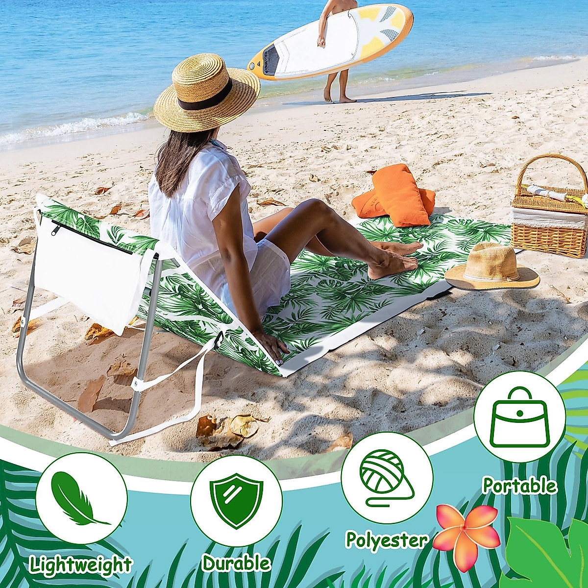 Lineshading 2 Pack Portable Beach Lounge Chair for Adults Folding Tanning Mat Lightweight Sun Beach Lounger Ideal Beach Chairs Adjustable Position Lawn Chair Outdoor Sunbathing(Monstera Leaf)