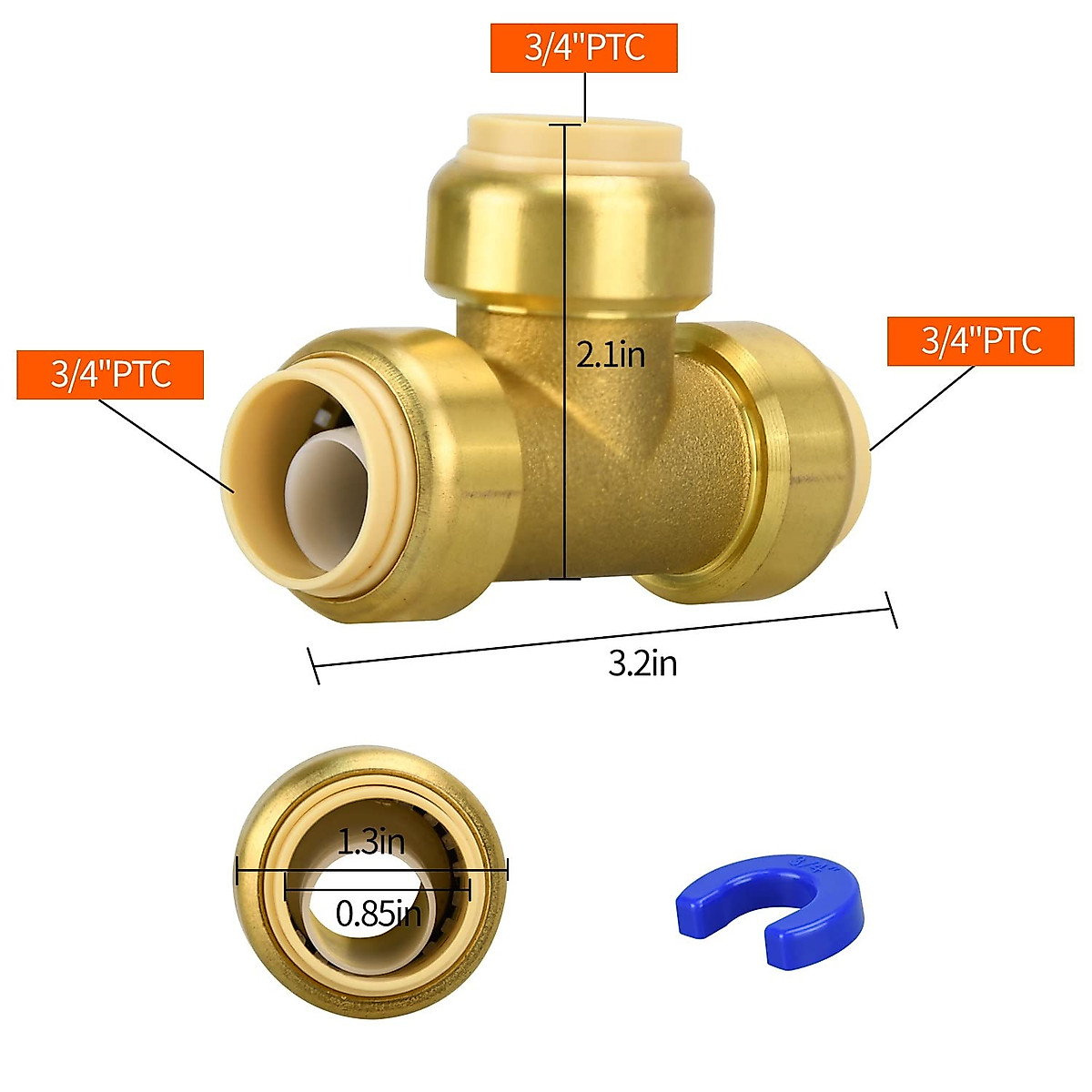 1/2/6/12 Pack Push Fit Plumbing Fittings, 1/2“ Valves/ 3/4" Valves, Elbows/Straights/Tees/End Caps with Disconnect Clip Tool, Brass Pushfit Fittings for Copper, PEX CPVC (3/4" Tee, 6pcs)