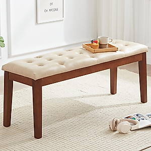 MILCIL Ottoman Bench Upholstered Padded Seat with Solid Wood Legs and Button-Tufted, Faux Leather Ivory