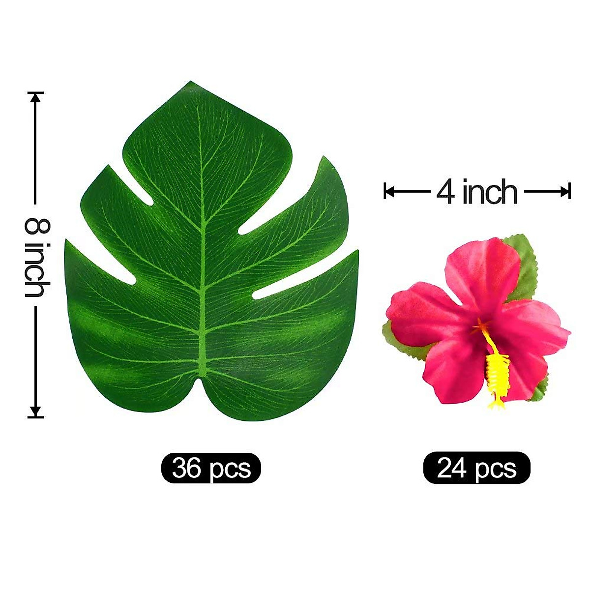 60Pcs Tropical Party Decorations Supplies Tropical Palm Leaves Hibiscus Flowers Simulation Artificial Leaf for Hawaiian Luau Safari Party Jungle Beach Theme BBQ Birthday Table Decor