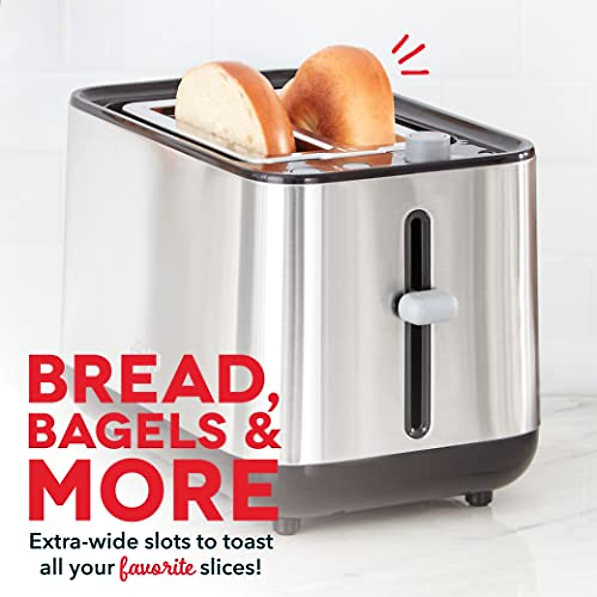 Dash SmartStore™ 2-Slice Wide-Slot Stainless Steel Toaster with Storage Lid - for Bagels, Specialty Breads & other Baked Goods, Black