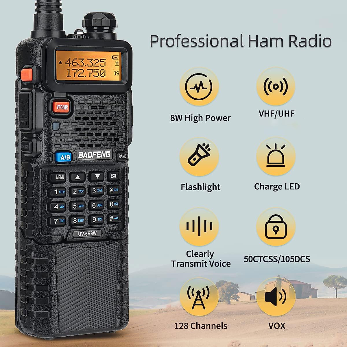 BAOFENG UV-5R 8W Ham Radio High Power Dual Band Portable Two Way Radio Long Range Rechargeable Handheld Radio (Black-1Pack)…