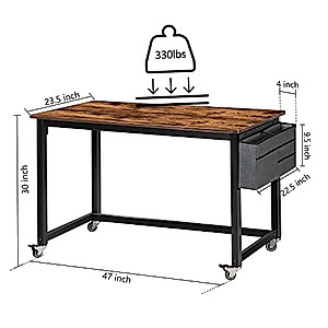 AHB 47" Rolling Computer Desk with 4 Smooth Wheels and 3 Iron Hooks, Simple Style Mobile Writing Desk Home Office Study Table Movable Workstation with Metal Frame