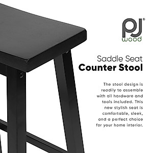 PJ Wood Classic Modern Solid Wood Backless Saddle Seat, 24 Inches Tall Easy Assemble Counter Stool with Durable Construction, Black (2 Pack)