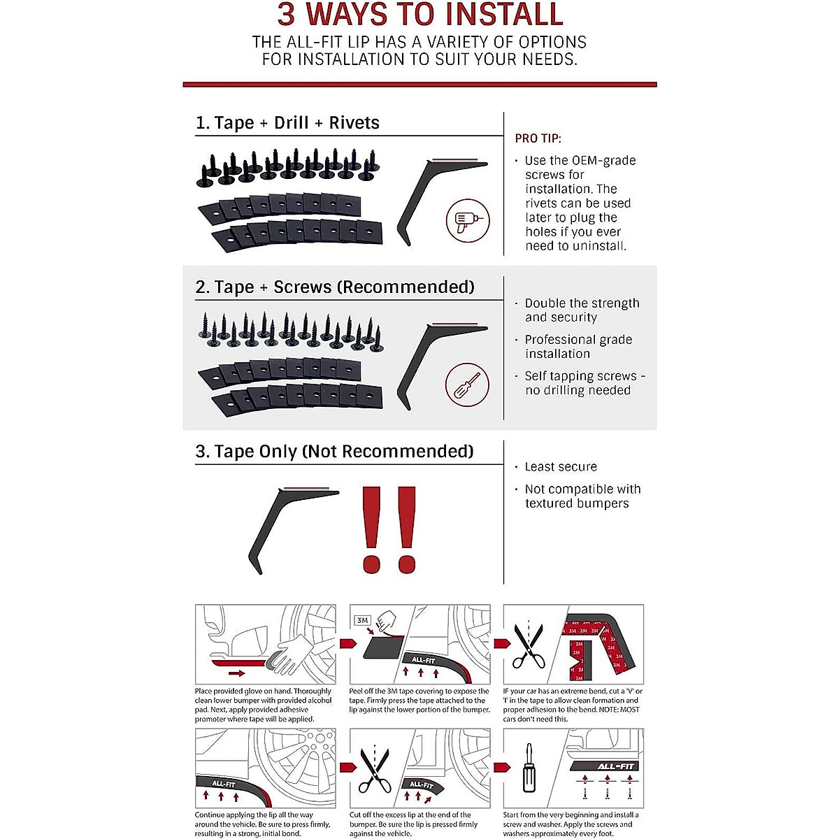 All-Fit Complete 1.5” Lip Kit – Full Car Bumper & Side Skirt Protection – Sleek, Flexible Trim for a Lowered Look – Durable, Easy-to-Install Automotive Exterior Accessories (1.5” W x 30’ L, Red)