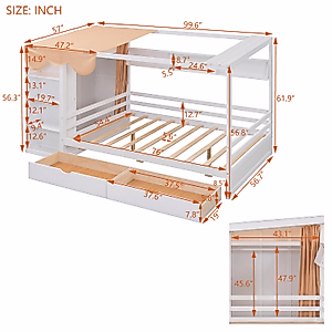 Linique Full Size House Bed with Wardrobe, Storage Drawers and Bookshelf, Solid Wood Bed Frame with Tent, White