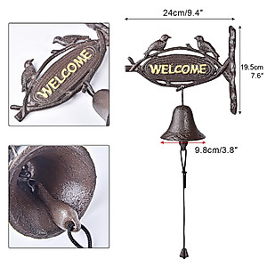 Sungmor Heavy Duty Cast Iron Wall Hanging Bell Welcome Sign - Decorative Retro Style Lovely Birds Manually Shaking Doorbell - Indoor Outdoor Wall Mounted Dinner Bell - Garden Home Wall Art Decoration