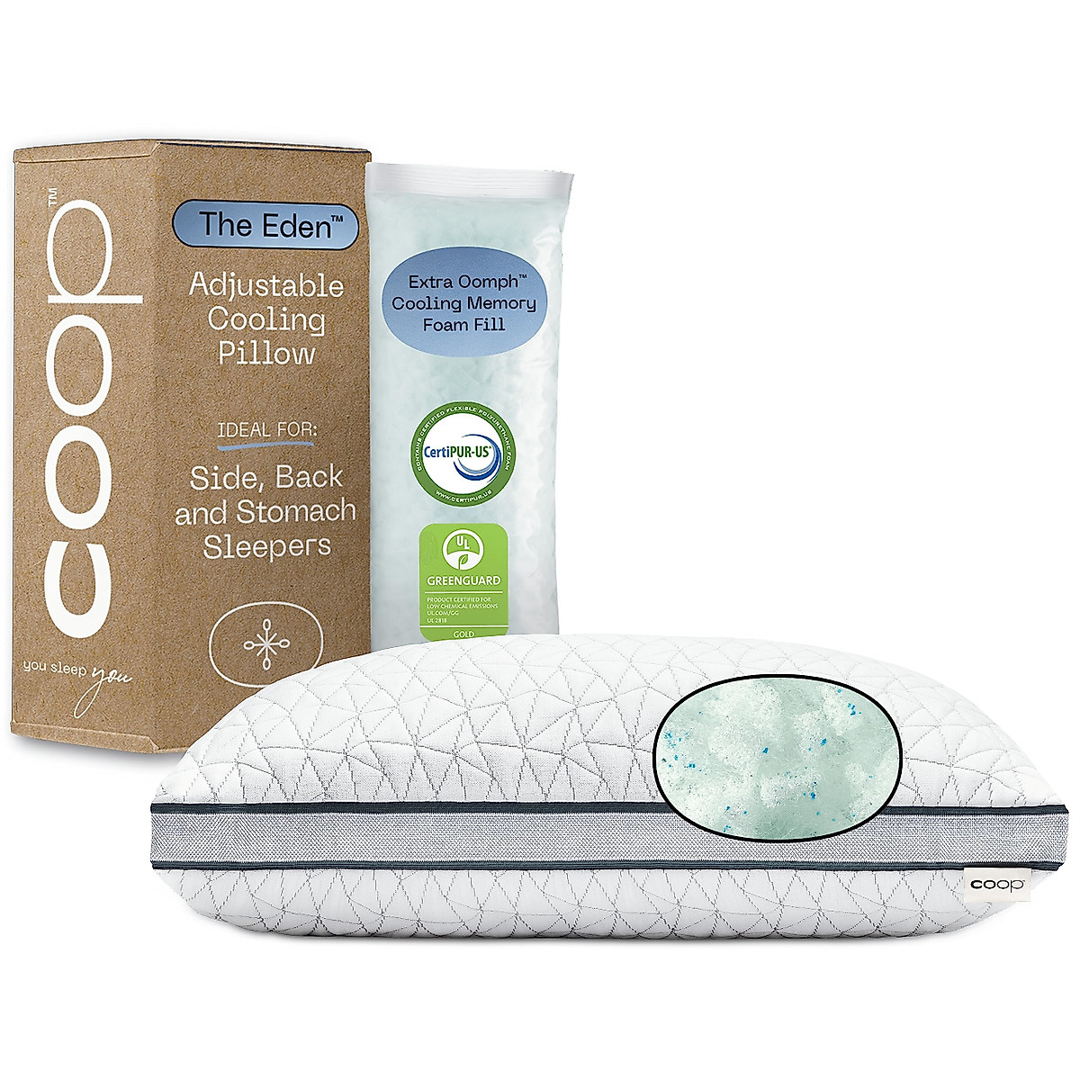 Coop Home Goods Eden Bed Pillow Queen Size for Sleeping on Back, Stomach and Side Sleeper- Medium Soft Memory Foam Cooling Gel - CertiPUR-US/GREENGUARD Gold