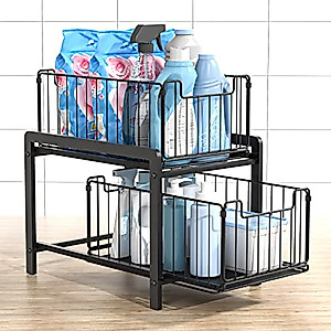 2 Tier Under Sink Organzier, NPPLUS Iron Under Sink Cabinet Organizers With Sliding Drawer, Pull-Out Home Organizer For Bathroom, Kitchen - Black