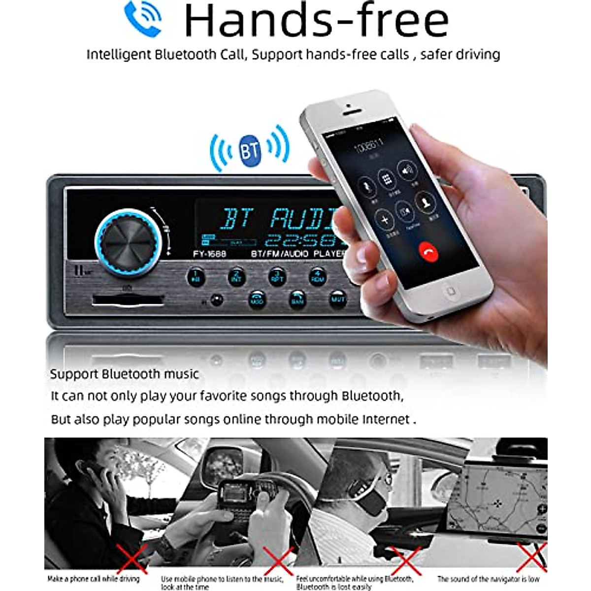 FYPLAY Dual USB Car Stereo Radio Receiver - Single Din, Bluetooth Hands Free Calling, Support USB/SD/AUX/MP3, with Clock Display LCD, Dual Knob Car Multimedia Audio Player, USB Fast Charging