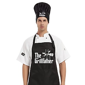 DYJYBMY The Grillfather Chef Hat and Apron Set, Funny Cooking Grilling Apron Gift for Men Woman Dad Mom, Gift for Dad Husband Boyfriend Chef, Adjustable Size