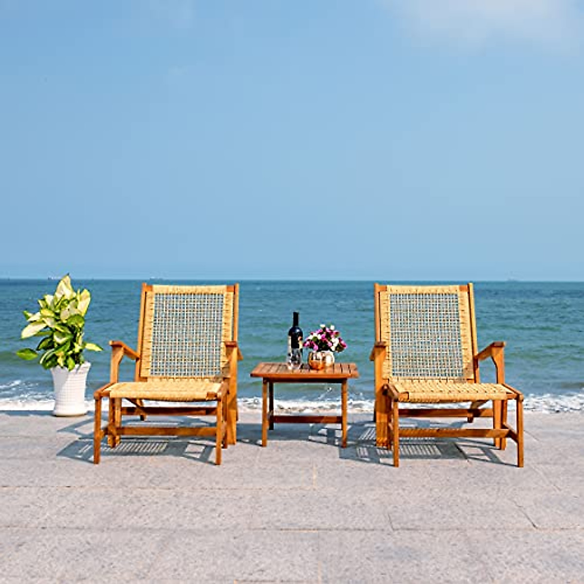 Safavieh Outdoor Collection Chantelle Acacia Wood/Light Brown Woven Rattan 5-Piece Patio Set PAT7076A, Natural/Natural