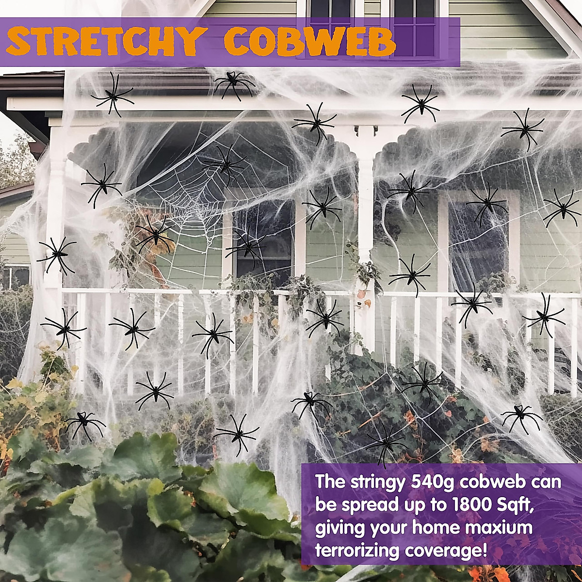 JOYIN 1800 sqft Spider Web Halloween Decorations with Extra 160 Spiders, Super Stretchy Cobwebs Halloween Theme Party Prop, Indoor Outdoor Halloween Haunted House Party Supplies