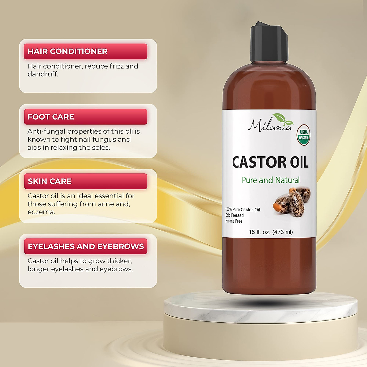 Organic Castor Oil-100% Pure Cold-Pressed Beauty & Skincare Serum-Eyelash & Eyebrow Hair Growth Enhancer-Natural Conditioner