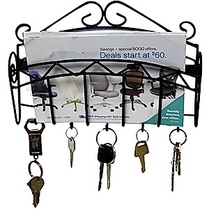 Dependable Industries Mail & Key Holder Hooks Organizer Wall Mounted Decorative Black Matte Entryway Organize Letters, Magazines, Keys, Dog Leashes Multi-Purpose