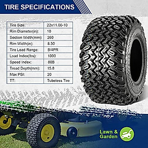 MaxAuto 22x11.00-10 Lawn Mower Tires, 22x11x10 Golf Cart Tires, 22x11-10 nhs Tires, Hilly Terrian Vehicle Tire with 15.8mm Tread Depth, 4Ply Tubeless, Set of 2