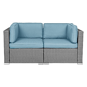 Patiomore 2 Pieces Outdoor Wicker Loveseat, Patio Rattan Sectional Furniture Corner Sofa Set All-Weather Grey Wicker with Removable Cushions for Balcony, Backyard, Garden (Sky Blue)