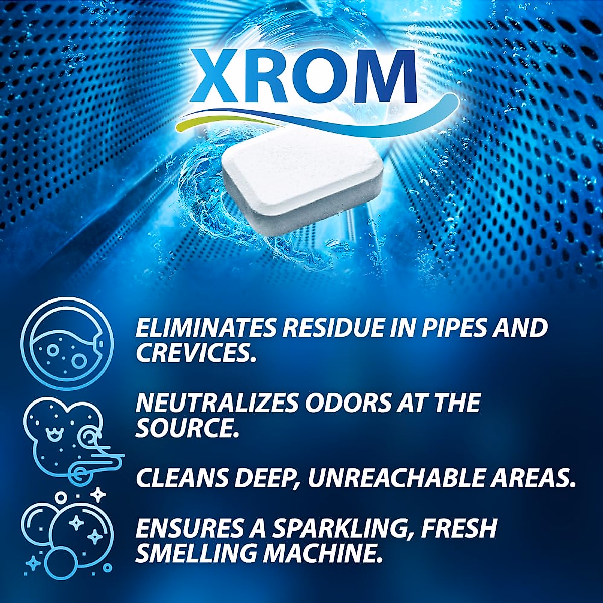XROM Plant Based, Washer Cleaner 3 in 1 Formula, Removes Odors, Limescale & Detergent Build-Up, Removes Hard Water Stains, For Front and Top Load, 6 Per Pack (Original)