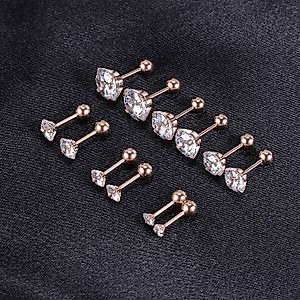 ZS 6 Pairs Shiny Round Cubic Zirconia Surgical Steel Stud Earrings Tragus Helix Conch Piercing Cartilage Sets (6 Pairs.3-8mm Cubic（Rose-gold,Ball Back）)