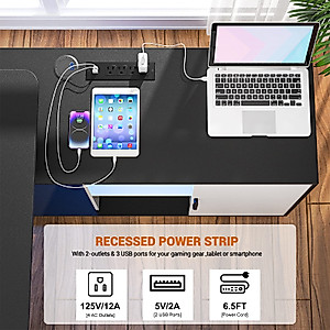 iSunirm L Shaped Desk with File Cabinet& Power Outlet, 55 Inch Large Corner Computer Desks with LED Light Strip, L-Shaped Computer Desk with Cabinet Door and Storage Shelves, Leather Black & White