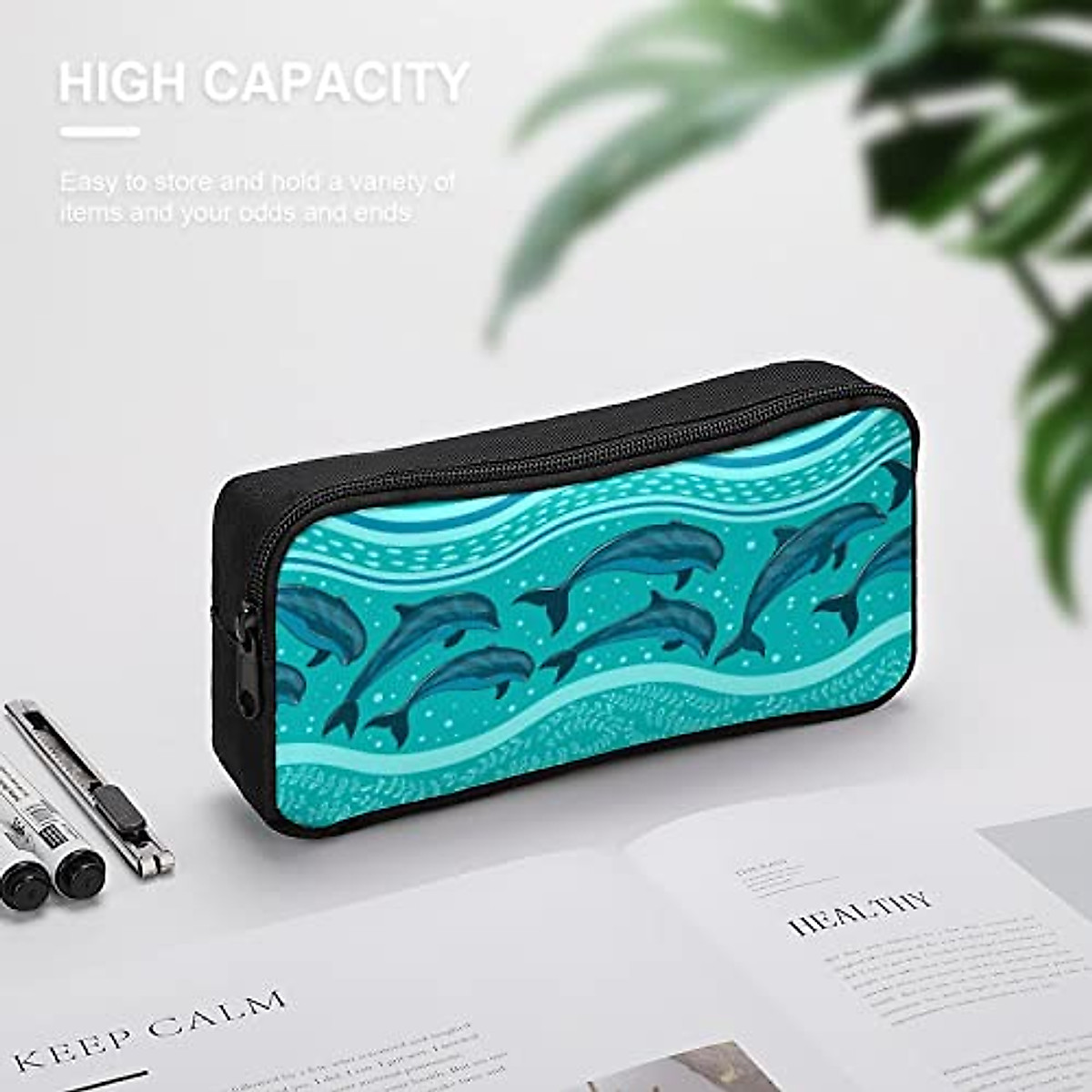 Dolphins in The Sea Pencil Case Stationery Pen Pouch Portable Makeup Storage Bag Organizer Gift