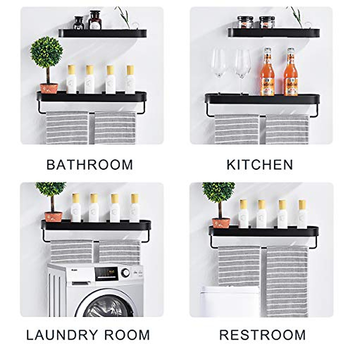 Shower Caddy Black Bathroom Shelves Wall Mounted 2 Pack with Towel Rack Spice Rack for Wall No Drilling Rustproof Space Aluminum for Kitchen Toilet (38cm)