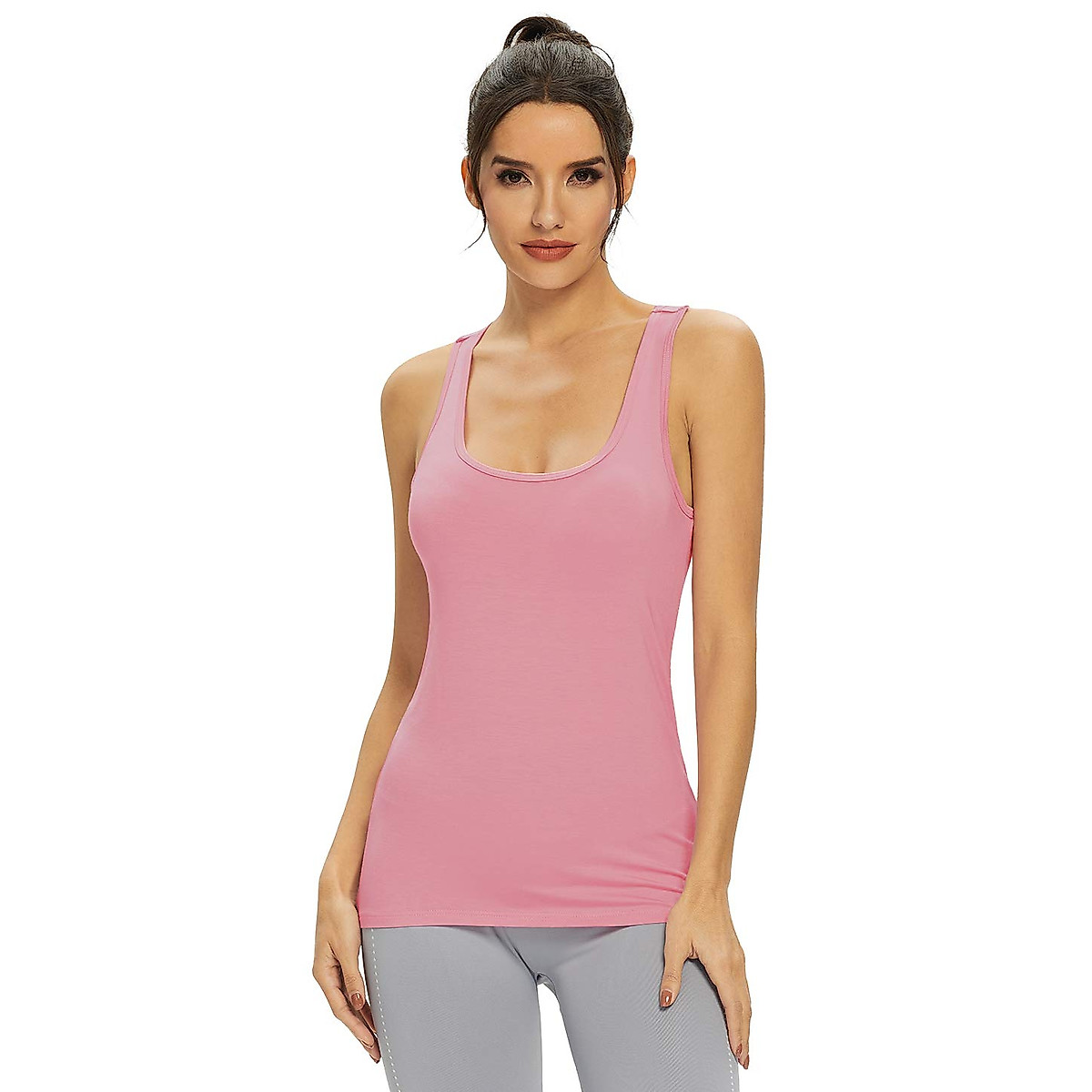 Femdouce Racerback Workout Tank top for Women Activewear Running top Yoga 4 Pack Black/White/Grey/Pink L