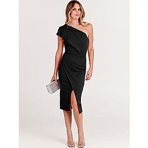 ANRABESS Women's One Shoulder Cocktail Midi Dress Sleeveless Elegant Ruffle Wrap Ruched Bodycon Formal Wedding Guest Dresses Black Small