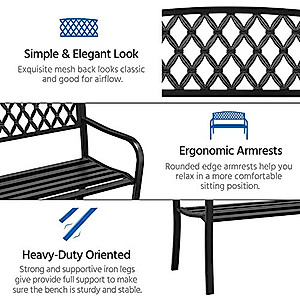 Metal Garden Park Bench,50in Powder Coated Iron Steel Frame Patio Bench wCross Design Backrest & Slatted Seat,Exquisite Grid Embellishment Patio Metal Bench for Front Porch Yard Lawn Deck,Black