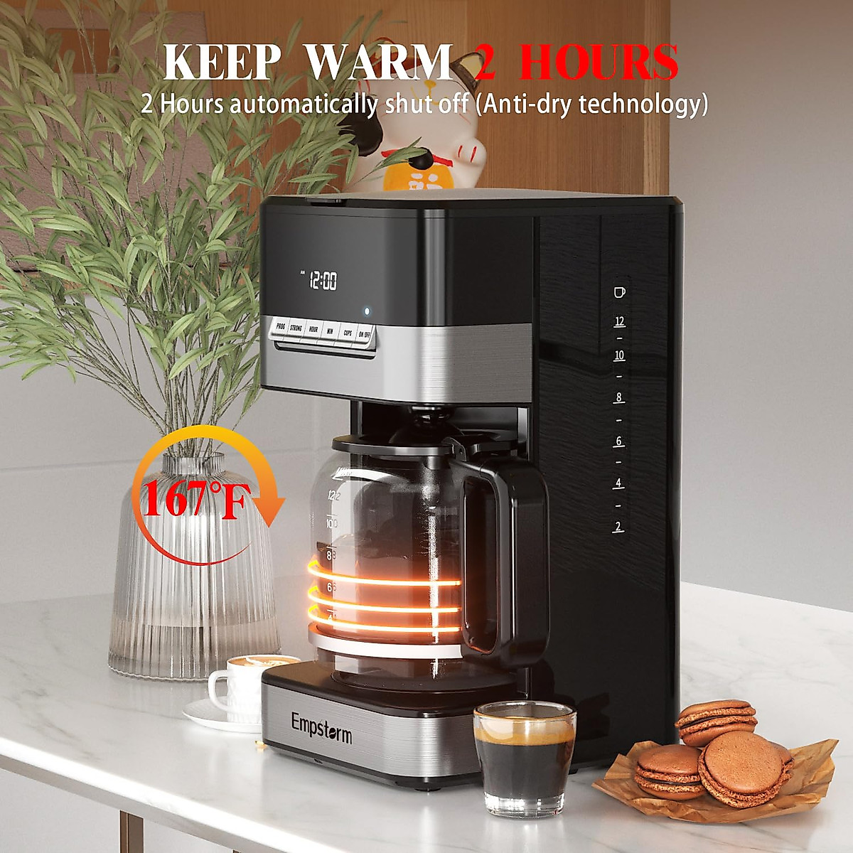 Empstorm 12 Cup Programmable Drip Coffee Maker - 1000W Fast Brew Coffee Machine with Glass Carafe, Auto Shut Off & 4-Hour Keep Warm, Anti-Drip System, Strong Brew, Black with Stainless Steel Accents