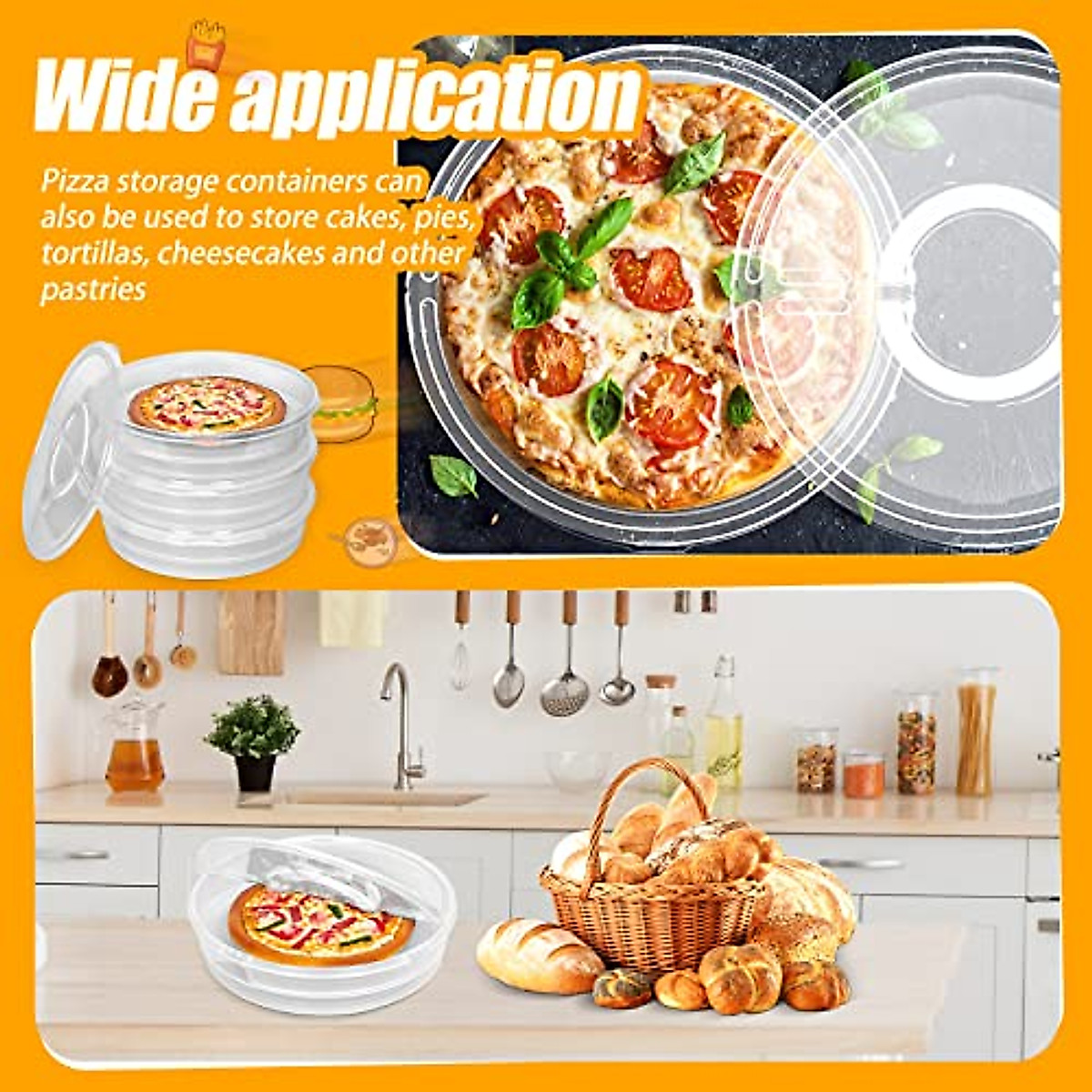 3 Pcs 12 Inch Food Storage Container with Lid and Handle, 2 Compartments Pie Carrier Round Pizza Holder Reusable Pizza Keeper for Egg Cheese Tortilla Pastry Cakes Desserts