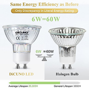 DiCUNO GU10 LED Light Bulbs, 6W 60W Halogen Replacement, Bright Daylight White 5000K, 700LM, Full Glass Cover 120 Degree Beam Angle 120V MR16 GU10 LED Non-dimmable, Spotlight Track Lighting, 6-Pack