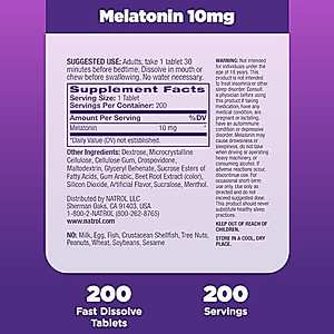 Natrol Melatonin Fast Dissolve Tablets, Help You Fall Asleep Faster, Stay Asleep Longer, Easy to Take, Dissolve in Mouth, Strengthen Immune System, Maximum Strength, Strawberry Flavor, 10mg, 200 Count