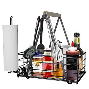 LELOCLE Picnic Caddy and Grill Utensil Caddy,Condiment Caddy, Grill-Caddy,Adjustable Compartment Storage,with 3 Hooks,Sturdy Thick,Easy Carry,Quick Assemble Grill Accessories Storage-Black
