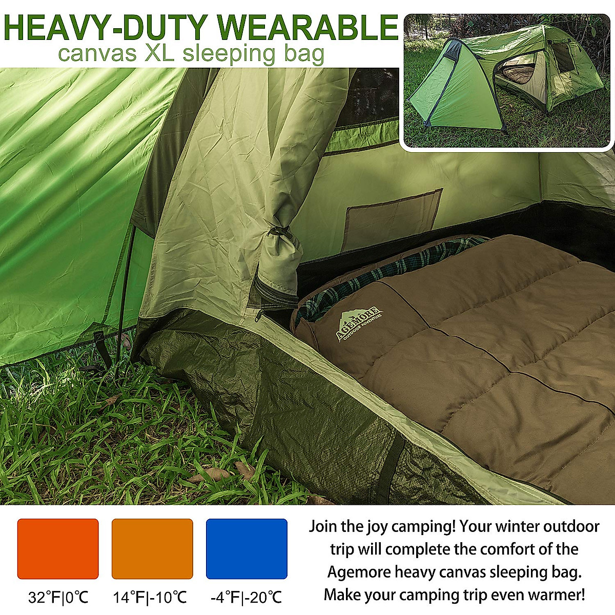 0 Degree Canvas Sleeping Bag for Fishing, Hunting, Traveling and Camping Particularly in Cold Winter Outdoor with Removable Flannel Liner and Free Compression Sack for Big and Tall Adults