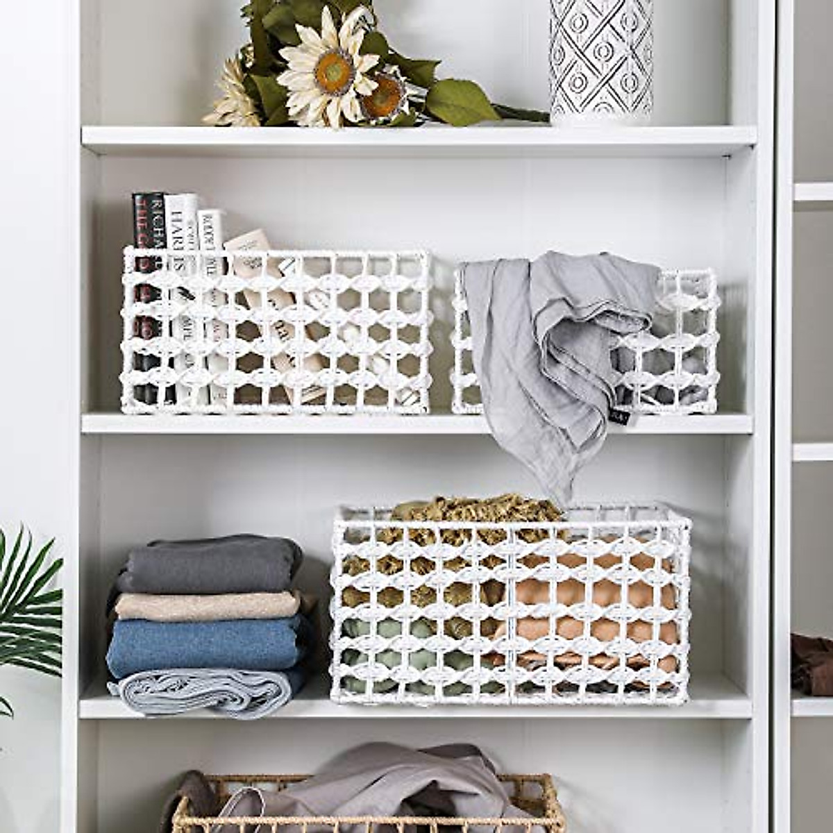 Motifeur Handmade Paper Rope Woven Baskets, Twisted Lined Utility Storage Organizers (Set of 3, Large: 15.7"x11.8"x8.1", Medium: 13.8"x9.8"x7.3", Small: 11.8"x7.9"x6.1", White)