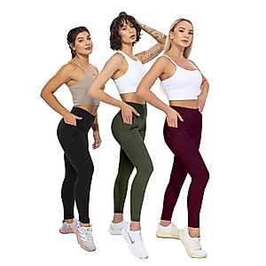 CHRLEISURE Leggings with Pockets for Women, High Waisted Tummy Control Workout Yoga Pants(5 Packs Black,Navy,Brown,Cassis,Green, M)