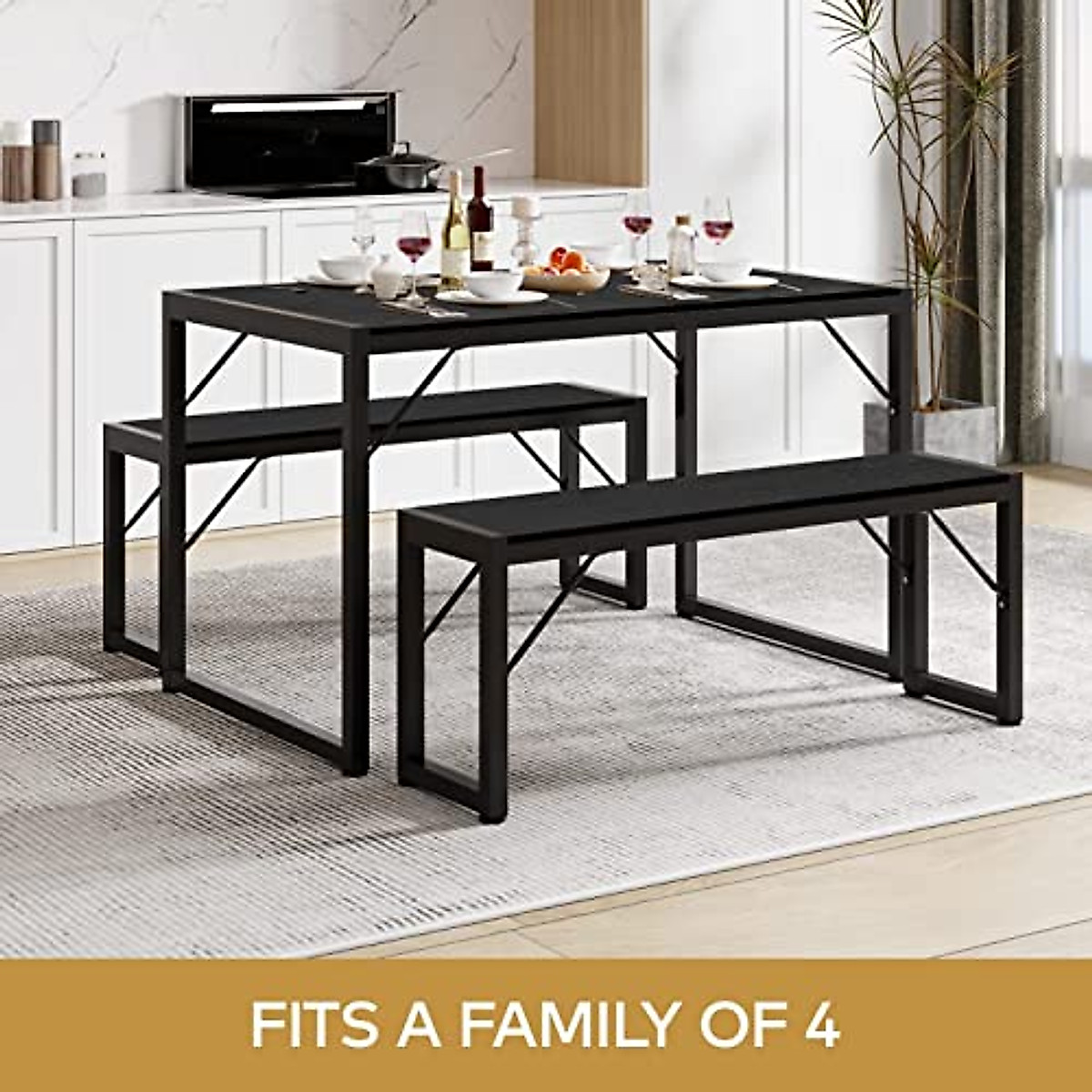 Gizoon 45.5" Dining Table Set for 4, Kitchen Table Set with 2 Benches, Dining Room Table Set with Metal Frame & MDF Board, Space-Saving Dinette for Kitchen, Dining Room -Black