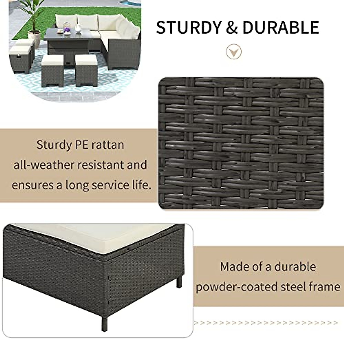 DHHU Patio Furniture, 8 Piece Weather Brown Wicker Sectional Sofa, Outdoor Conversation Set, Dining Table Chair with Ottoman, Cushions, Beige