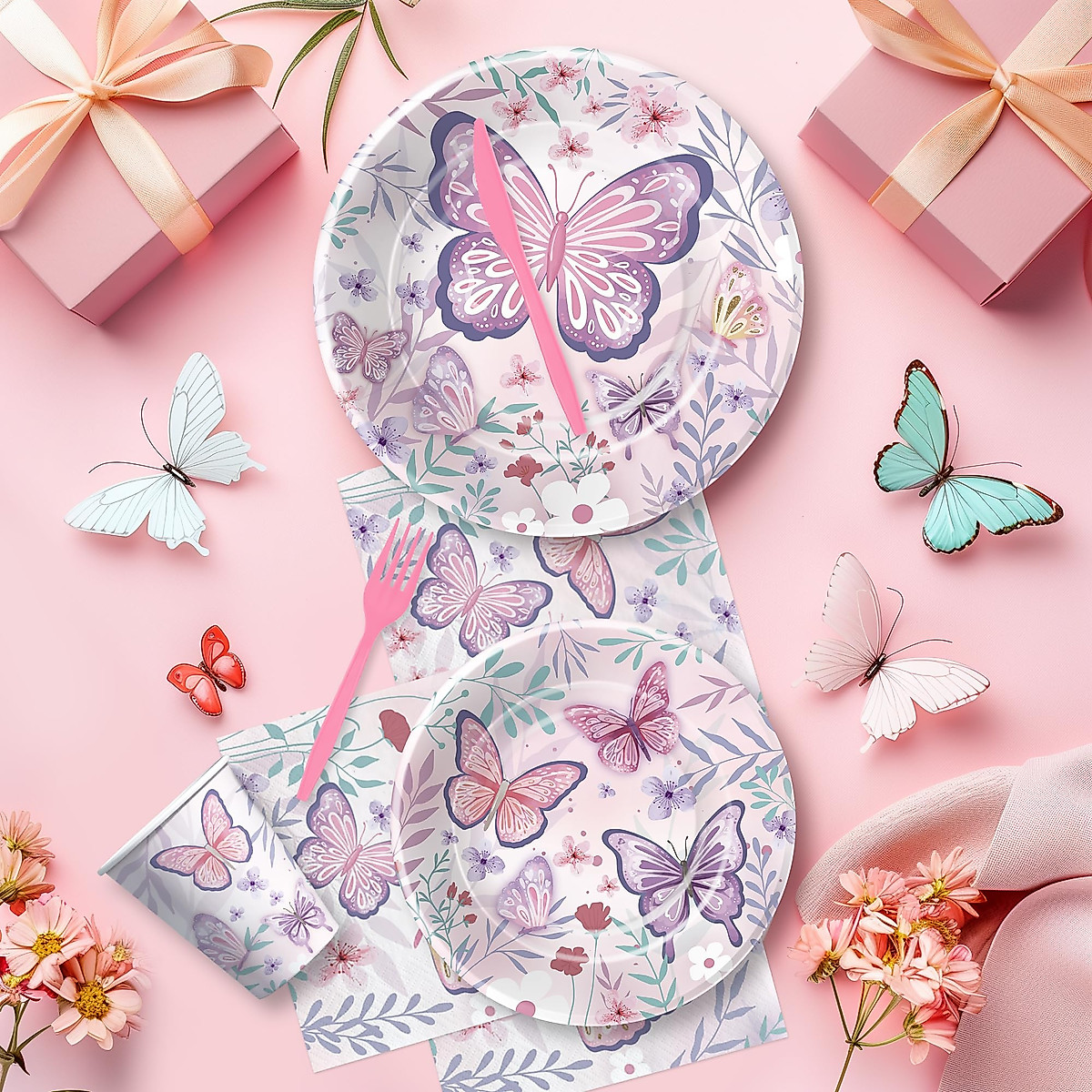 Suhelkit Butterfly Party Decorations Tableware - Butterfly Birthday Party Supplies, Paper Plate, Cup, Napkin, Tablecloth, Disposable Cutlery, Butterfly Baby Shower Decorations For Girl | Serve 24